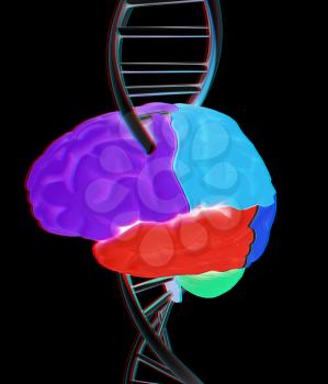 Brain and dna. 3d illustration. Anaglyph. View with red/cyan glasses to ...