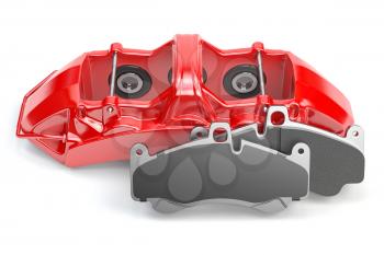 Car brakes. Red caliper and pads. Dsk braking system parts. 3d ...